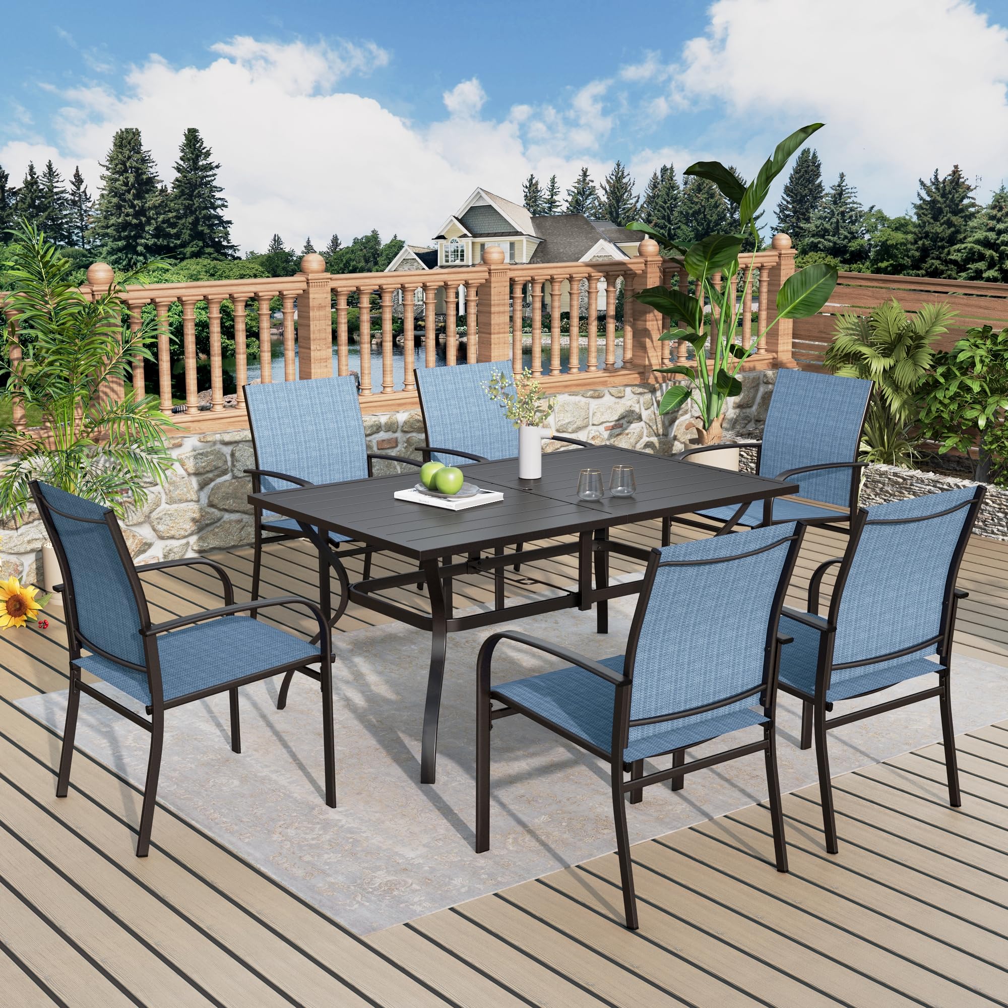 MIXPATIO Outdoor Table and Chairs, Patio Dining Sets for 6 with Blue Chairs and Metal Rectangular Table for Deck Backyard Lawn Poolside