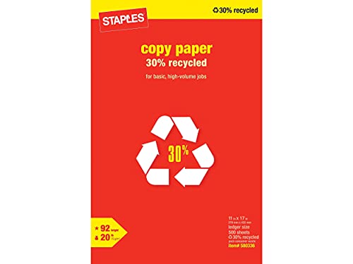 Staples 580336 30% Recycled 11X17 Paper 20 Lbs 92 Bright 500/Rm