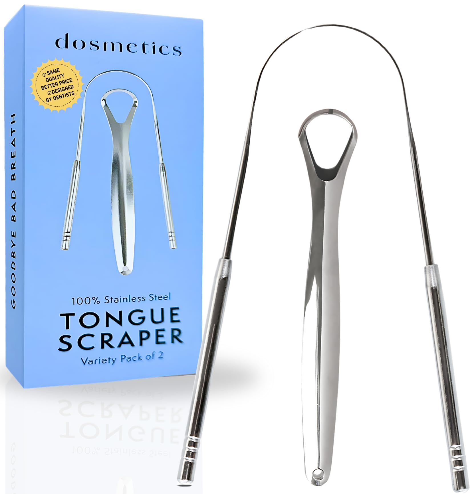 DOSMETICS - Tongue Scraper Variety Pack 100% Medical Grade Stainless Steel Spoon and U shaped Tongue Scrapers for Adult and Kids, Easy To Use, For Oral Care & Hygiene