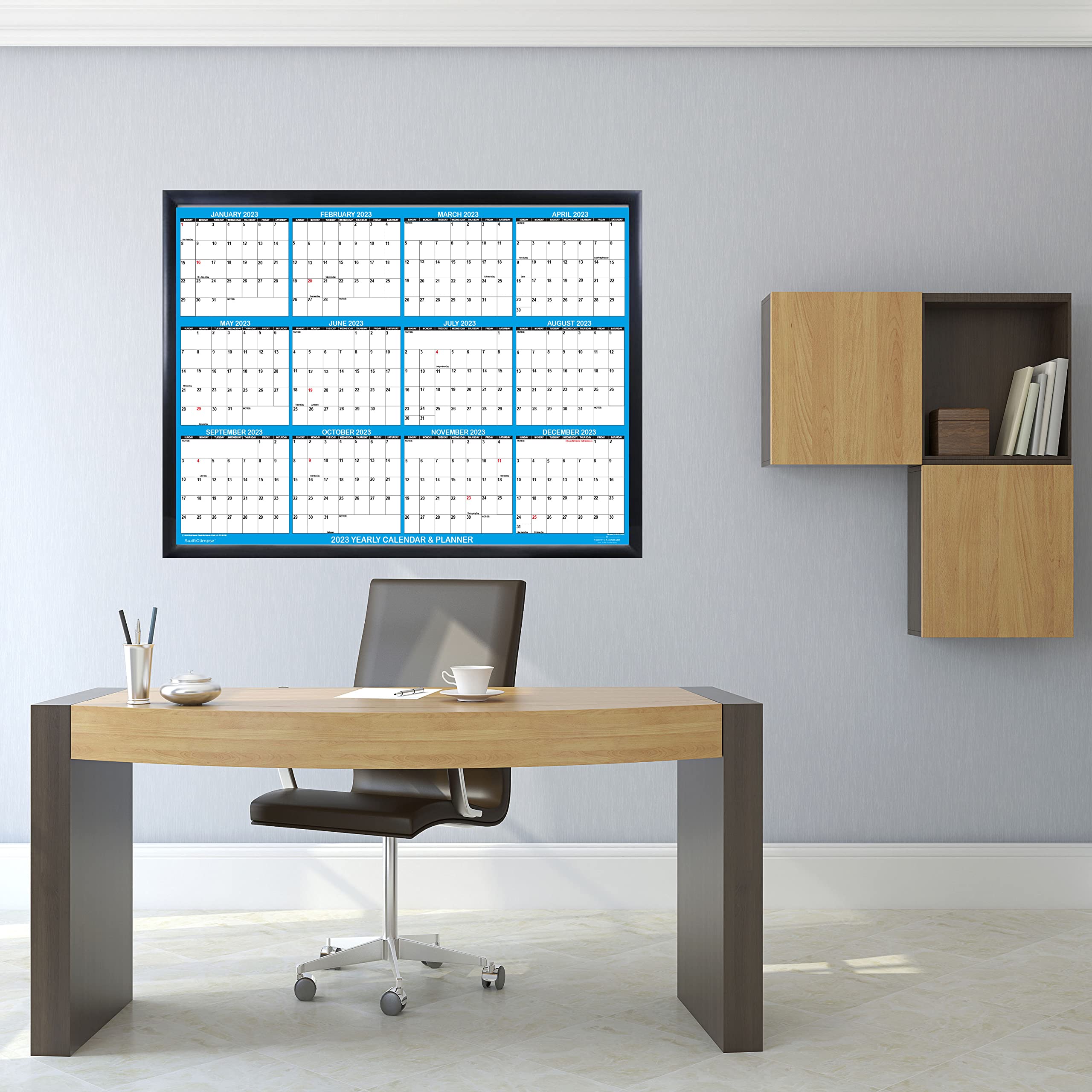 24" x 36" SwiftGlimpse 2024 Wall Calendar Erasable Large Wet & Dry Erase Laminated 12 Month Annual Yearly Wall Planner, Horizontal, Blue