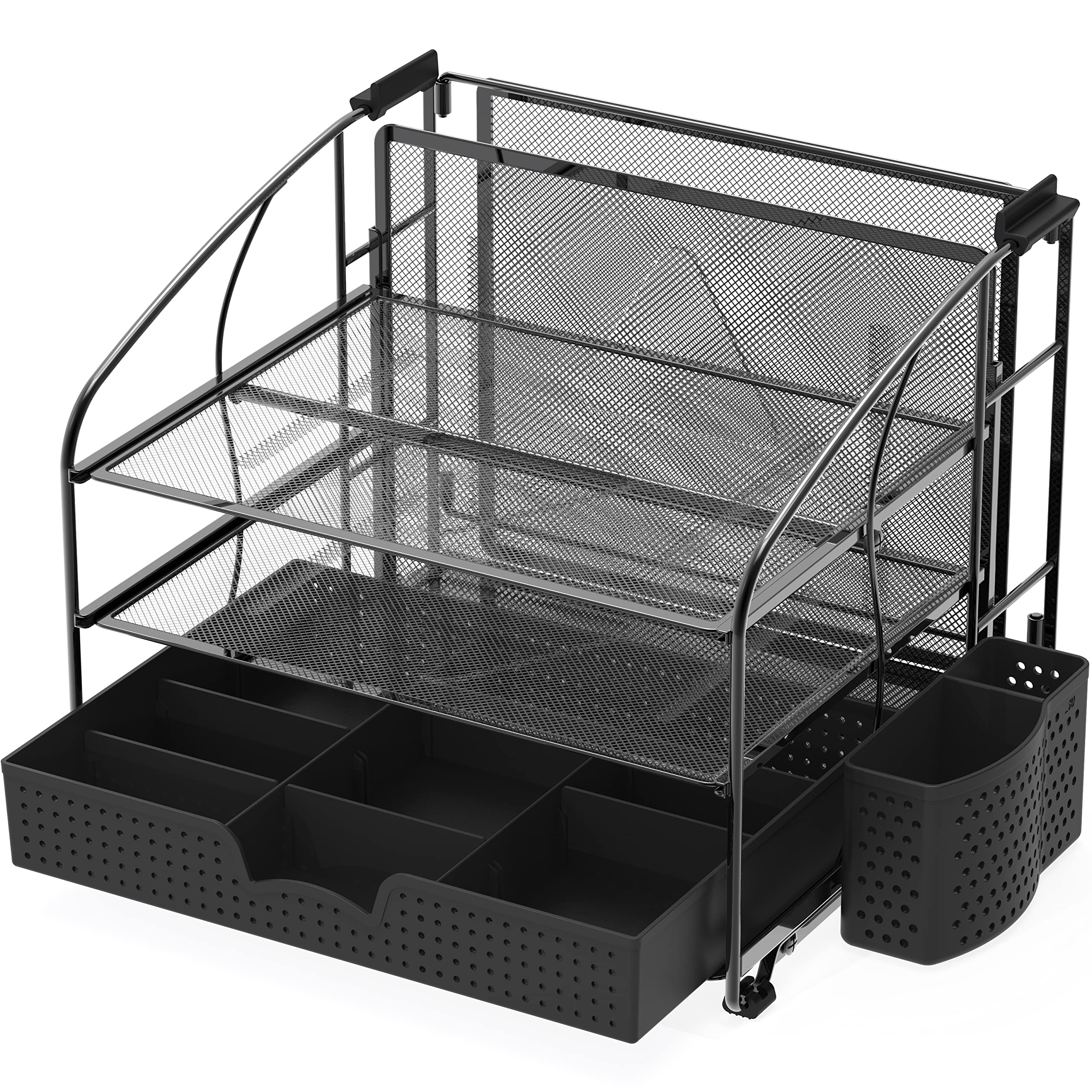 SimpleHouseware Desk Organizer 3 Tray w/Sliding Drawer, Hanging File Holder and Pen Holder Accessory, Black