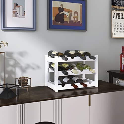 SMIBUY Bamboo Wine Rack, 12 Bottles Display Holder, 3-Tier Free Standing Storage Shelves for Kitchen, Pantry, Cellar, Bar (White)