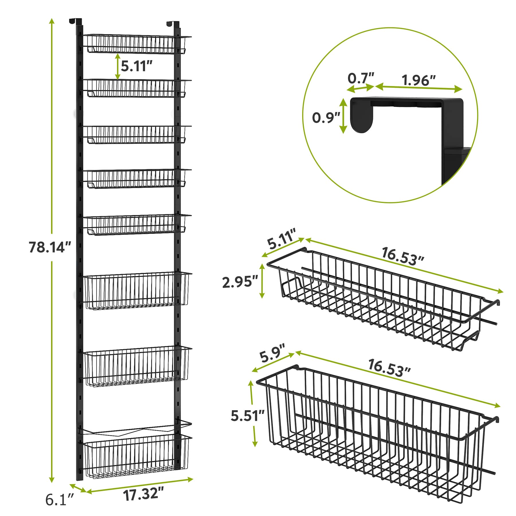 1Easylife Over the Door Pantry Organizer, 8-Tier Adjustable Baskets Pantry Organization and Storage, Metal Door Shelf with Detachable Frame, Space Saving Hanging Spice Rack for Kitchen Pantry Bathroom