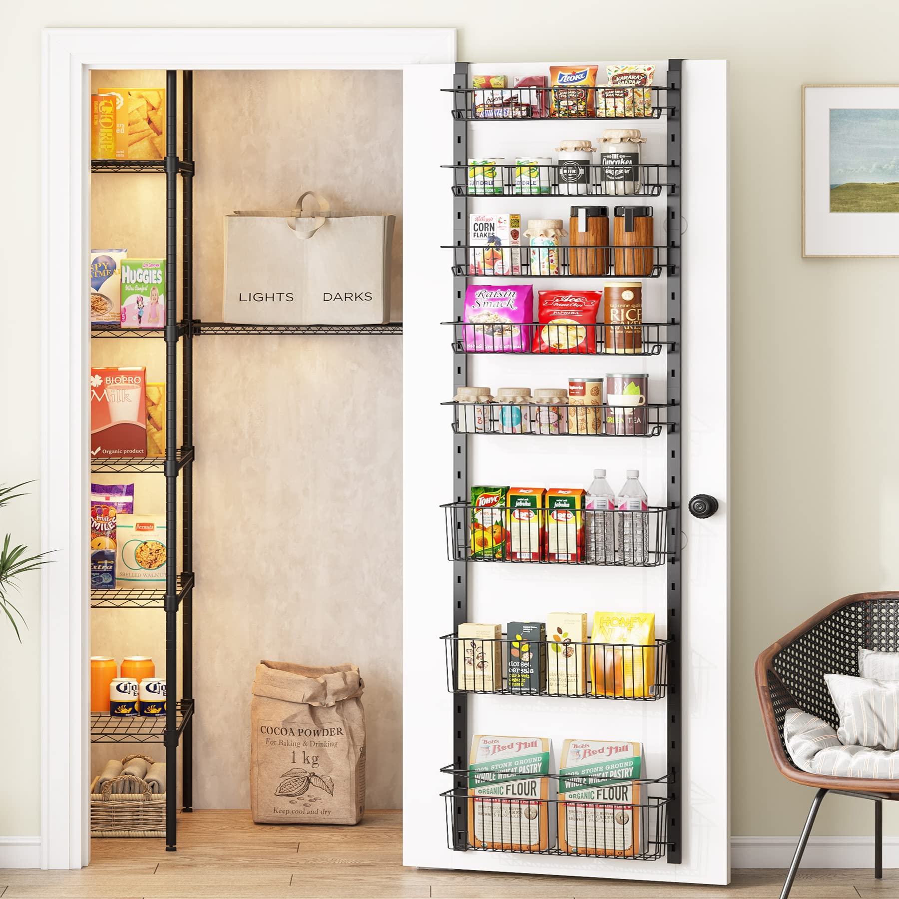 1Easylife Over the Door Pantry Organizer, 8-Tier Adjustable Baskets Pantry Organization and Storage, Metal Door Shelf with Detachable Frame, Space Saving Hanging Spice Rack for Kitchen Pantry Bathroom