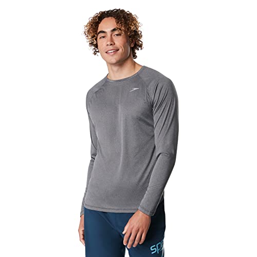 Speedo Men's Standard Uv Swim Shirt Long Sleeve Fitness Rashguard, Black Heather, X-Large