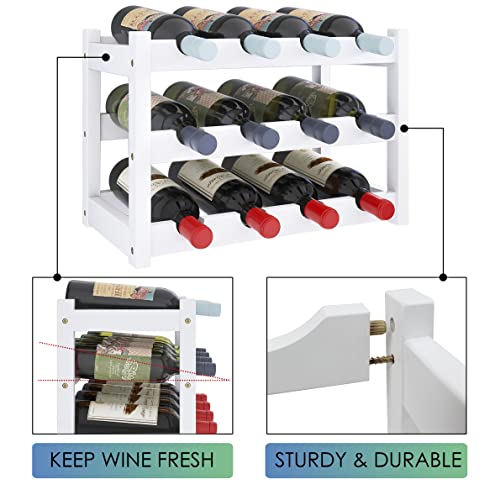 SMIBUY Bamboo Wine Rack, 12 Bottles Display Holder, 3-Tier Free Standing Storage Shelves for Kitchen, Pantry, Cellar, Bar (White)