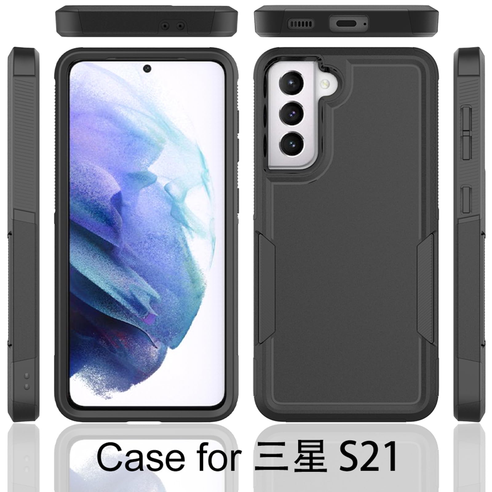 for Samsung Galaxy S21 Case: Dual Layer Protective Heavy Duty Cell Phone Cover Shockproof Rugged with Screen Protector - Military Protection Bumper Tough - Samsung Galaxy S21 5G 2021, 6.2 inch, Black