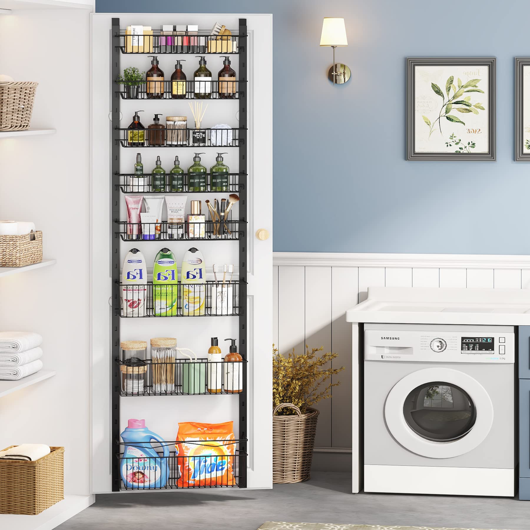 1Easylife Over the Door Pantry Organizer, 8-Tier Adjustable Baskets Pantry Organization and Storage, Metal Door Shelf with Detachable Frame, Space Saving Hanging Spice Rack for Kitchen Pantry Bathroom