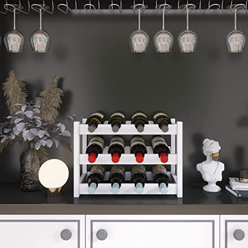 SMIBUY Bamboo Wine Rack, 12 Bottles Display Holder, 3-Tier Free Standing Storage Shelves for Kitchen, Pantry, Cellar, Bar (White)