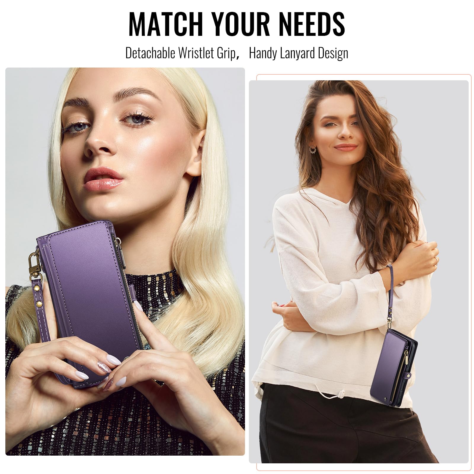 Defencase Compatible with Galaxy A14 5G Case Wallet with RFID Blocking Card Holder for Women Men, PU Leather Magnetic Snap Flip Zipper Strap Wallet Phone Case Fit for Samsung Galaxy A14 5G, Purple