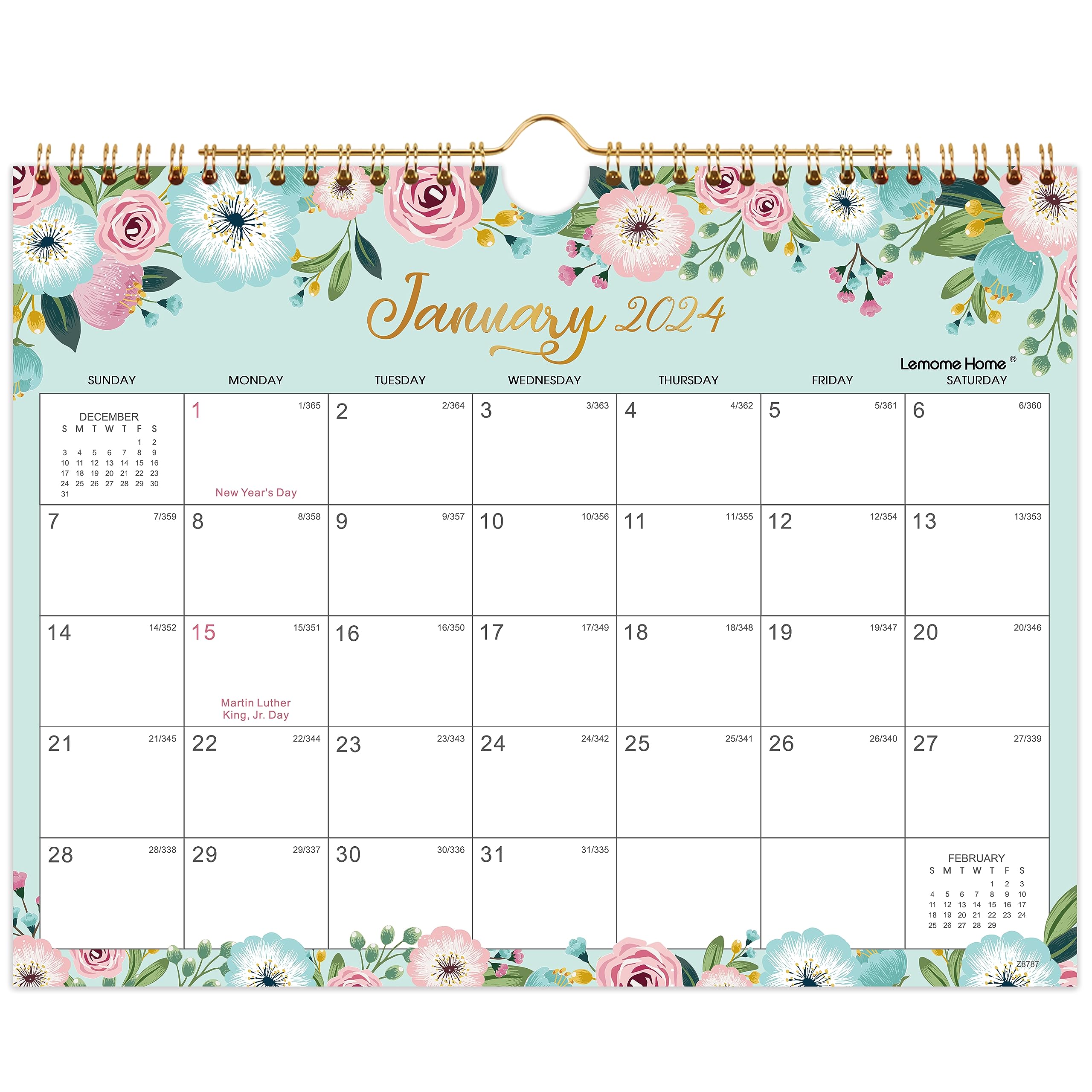 2024 Wall Calendar - 2024 Calendar, 12-Month Calendar 2024, 11" x 8.5", Twin-Wire Binding + Hanging Hook + Thick Paper + Unruled Blocks with Julian Dates - Floral