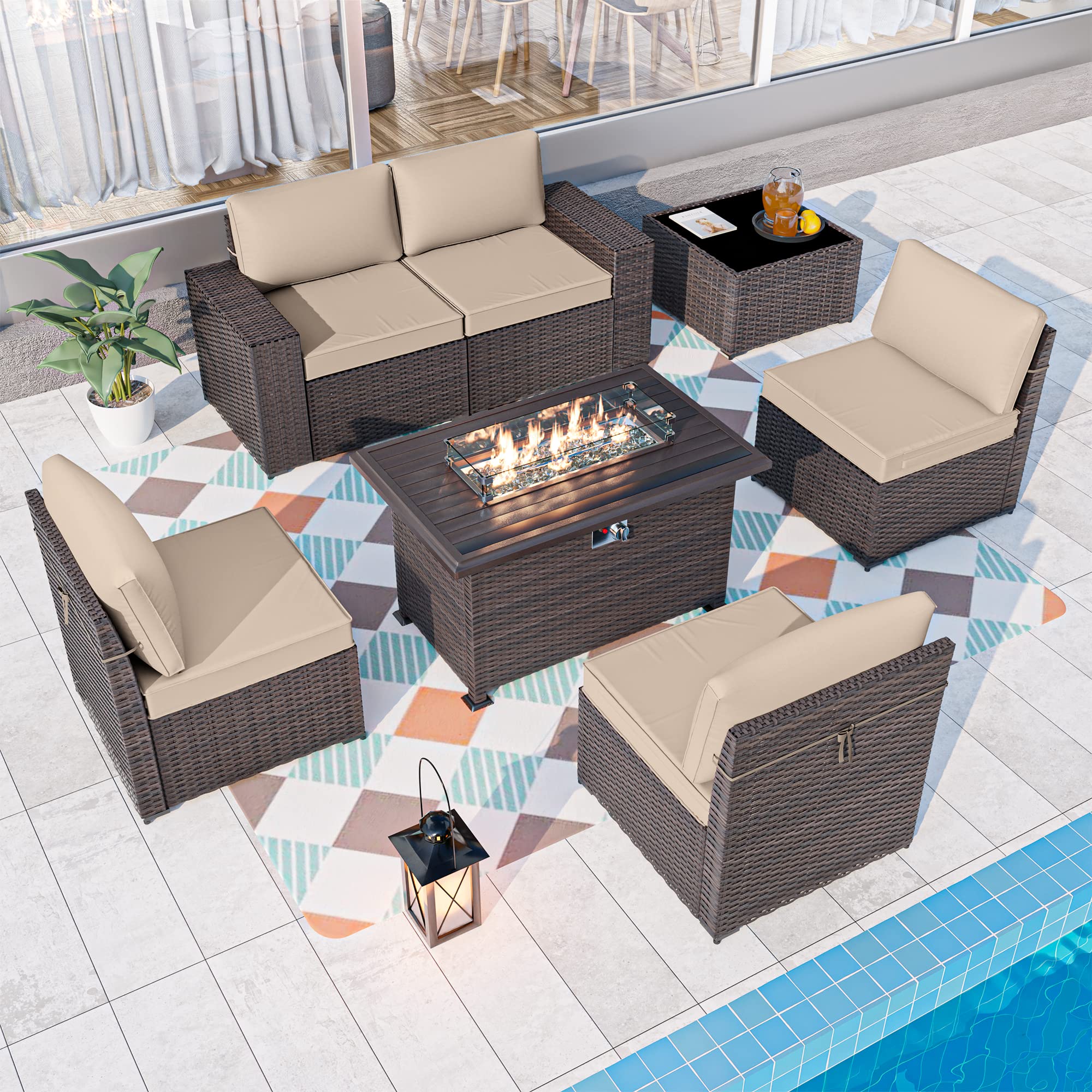 ALAULM 7 Pieces Outdoor Patio Furniture Set with Propane Fire Pit Table Patio Sectional Sofa Sets Outdoor Furniture 43" Gas Fire Pit Patio Conversation Set w/Glass Table & 5 Cushions (Sand)