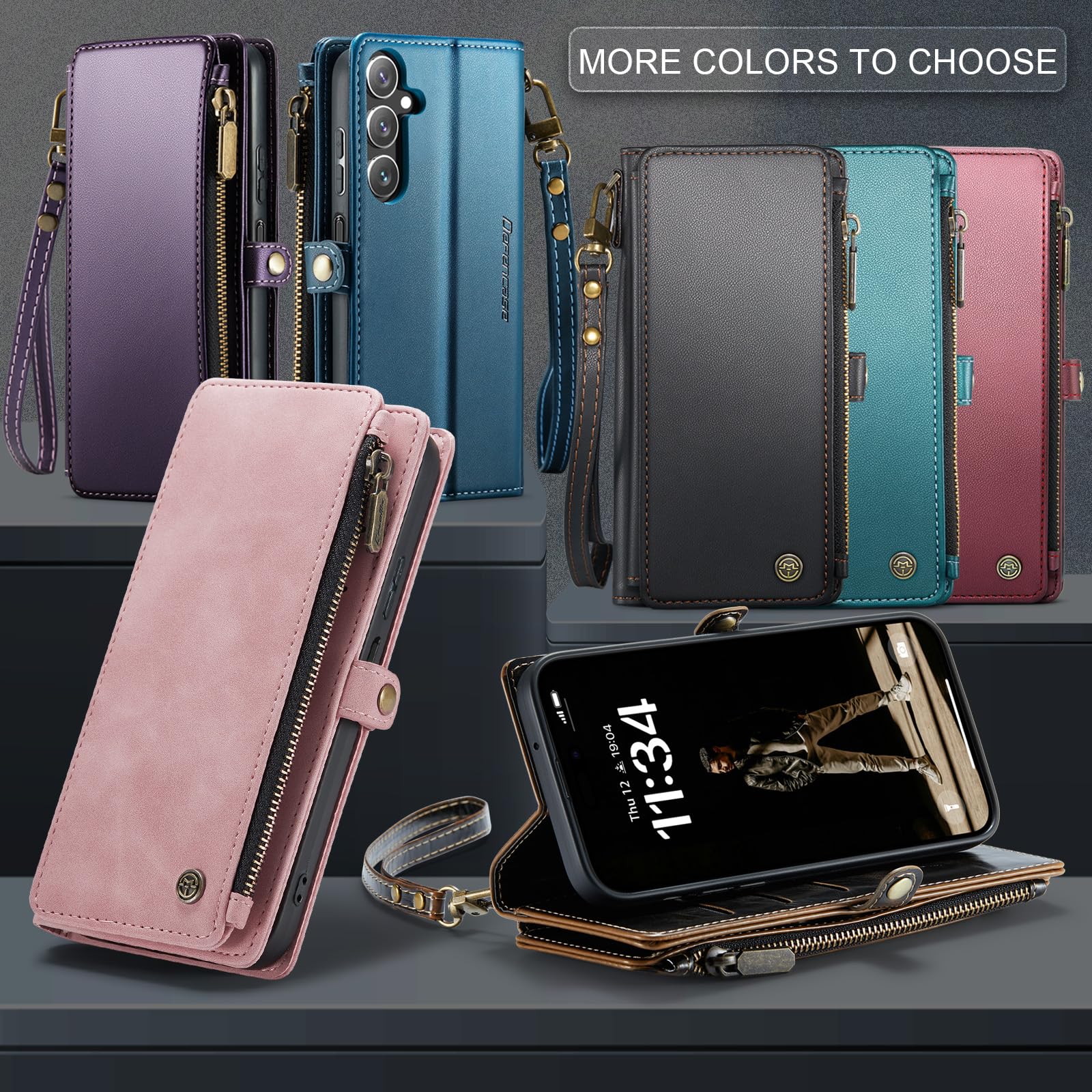 Defencase Compatible with Galaxy A14 5G Case Wallet with RFID Blocking Card Holder for Women Men, PU Leather Magnetic Snap Flip Zipper Strap Wallet Phone Case Fit for Samsung Galaxy A14 5G, Purple