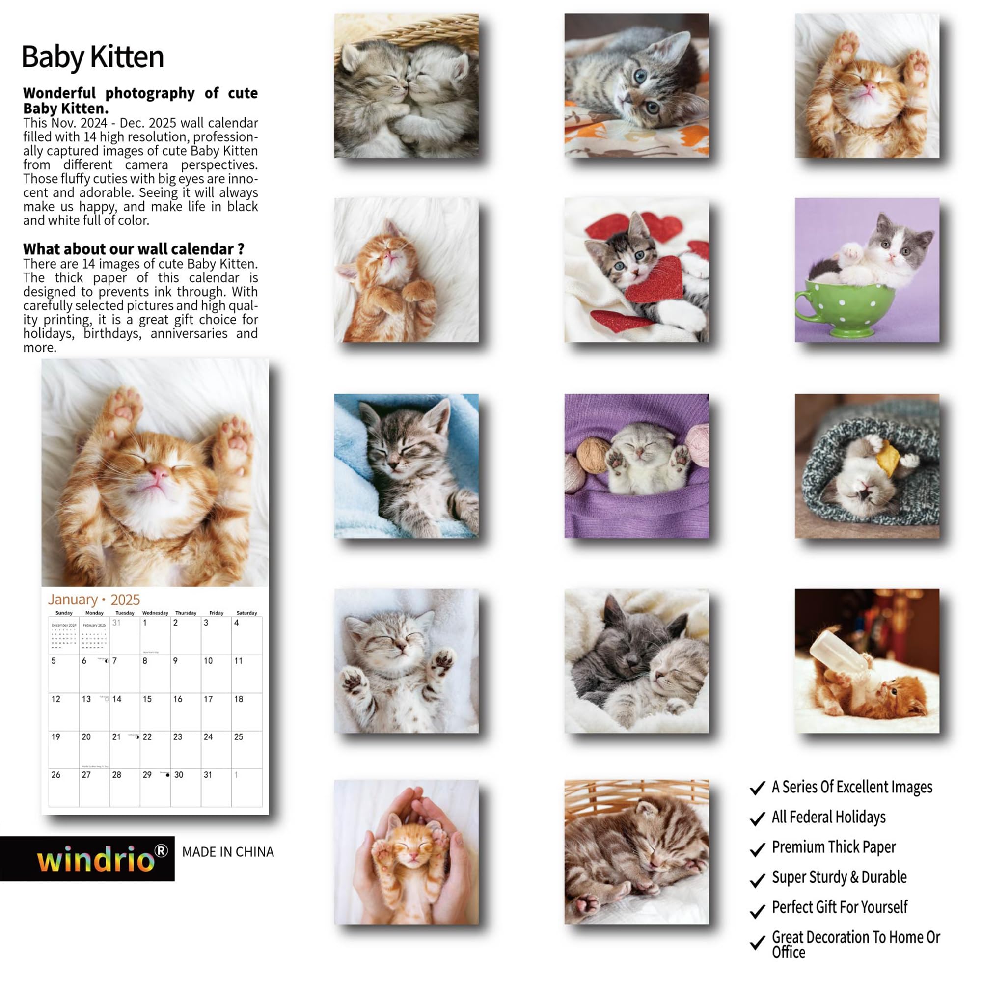 2025 Wall Calendar,Calendar 2025, January 2025 - December 2025, Wall Calendar Baby Kitten, 12" x 24" Opened,Full Page Months Thick & Sturdy Paper for Calendar Organizing & Planning