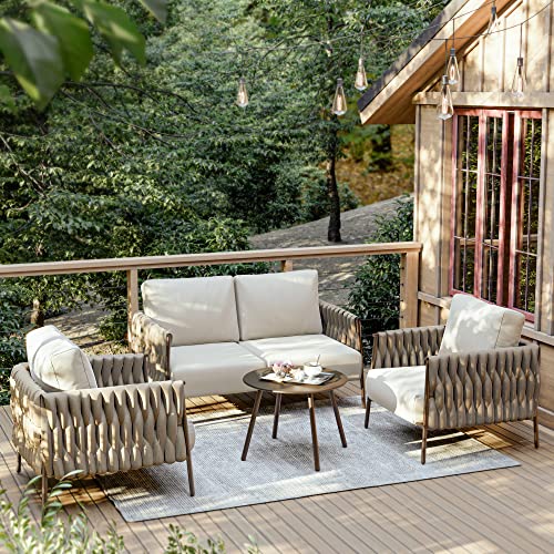 EAST OAK Life Chatter 4 Pieces Patio Furniture Set, Outdoor Furniture with Coffee Table, Patio Conversation Set Deep Seating with Thick Cushion, Backyard Porch Balcony, Chestnut Brown & Creamy Apricot