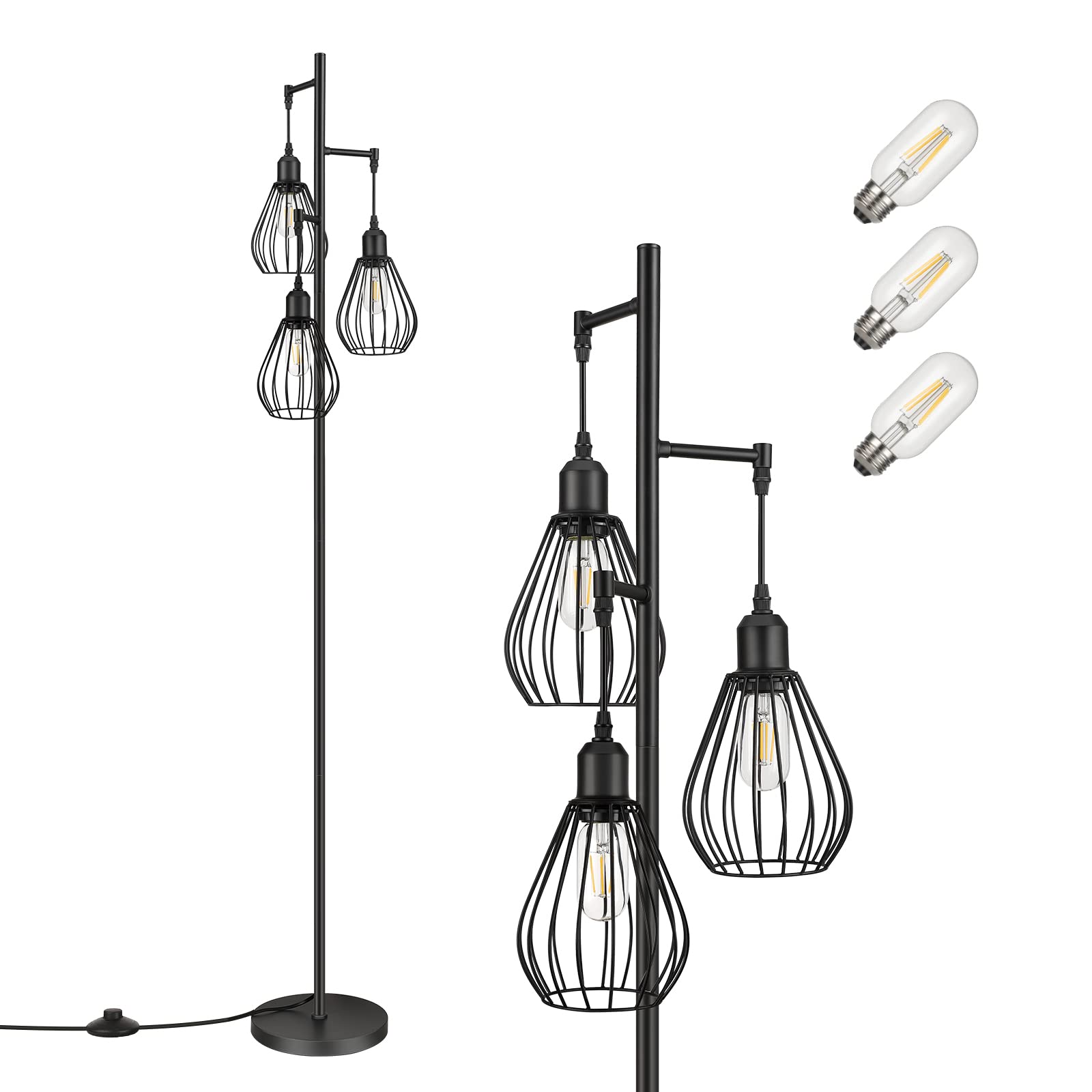EDISHINE Industrial Floor Lamp, Tree Floor Lamp with 3 Elegant Teardrop Cage Head & 4W 3000K Edison Bulbs, Sturdy Base Standing Floor Lamp for Bedroom, Living Room, Office, E26 Base