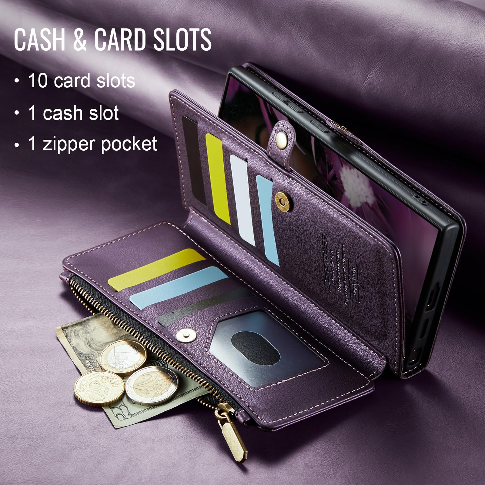 Defencase Compatible with Galaxy A14 5G Case Wallet with RFID Blocking Card Holder for Women Men, PU Leather Magnetic Snap Flip Zipper Strap Wallet Phone Case Fit for Samsung Galaxy A14 5G, Purple