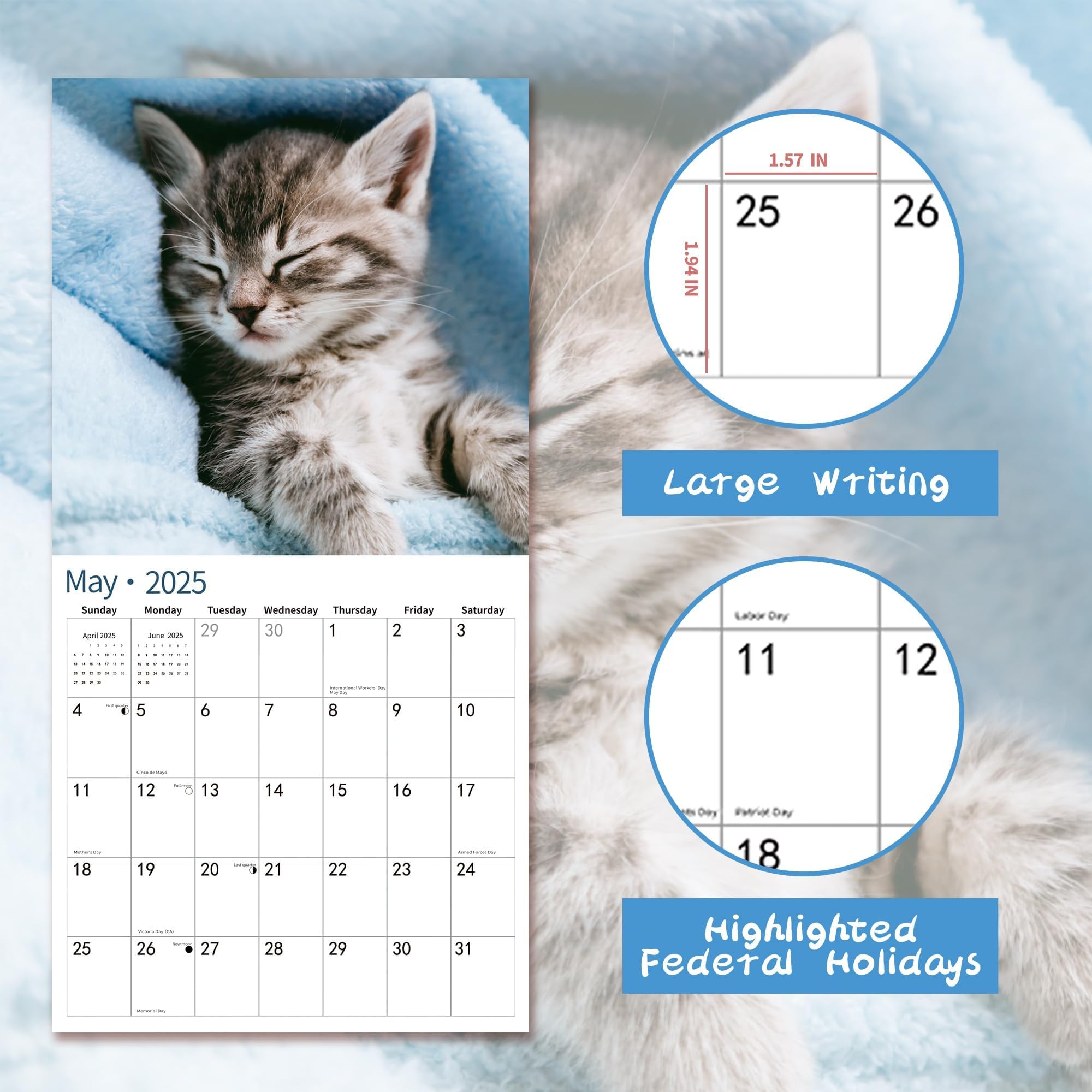 2025 Wall Calendar,Calendar 2025, January 2025 - December 2025, Wall Calendar Baby Kitten, 12" x 24" Opened,Full Page Months Thick & Sturdy Paper for Calendar Organizing & Planning