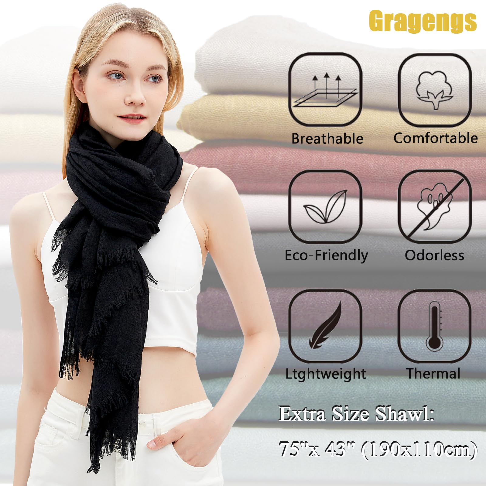 Women Summer Scarfs Cotton Lightweight Large Long Gauze Shawl Beach Wrap Plain 75”×43” Sky Blue