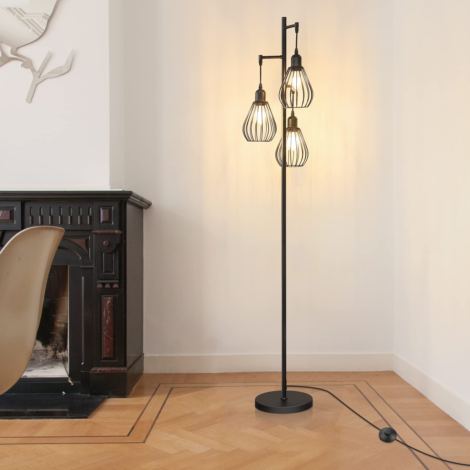 EDISHINE Industrial Floor Lamp, Tree Floor Lamp with 3 Elegant Teardrop Cage Head & 4W 3000K Edison Bulbs, Sturdy Base Standing Floor Lamp for Bedroom, Living Room, Office, E26 Base