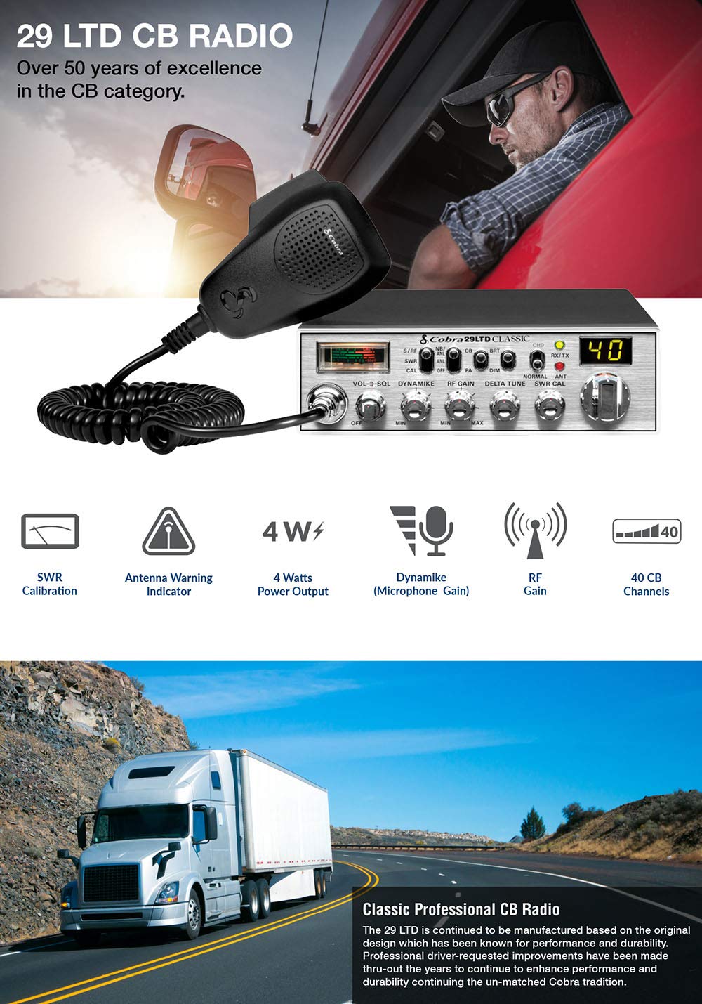 Cobra 29 LTD Professional CB Radio - Easy to Operate Emergency Radio, Instant Channel 9, 4-Watt Output, Full 40 Channels, Adjustable Receiver and SWR Calibration, Black
