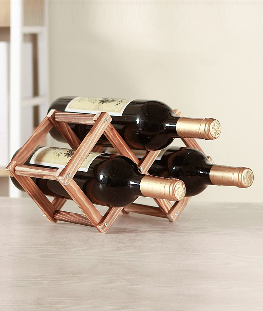 YTCYKJ Wood Wine Rack Freestanding, Wooden Stackable Countertop Wine Rack 3 Bottles Storage Holder Foldable Wine Bottle Display Shelf for Home Kitchen Bar Cabinets