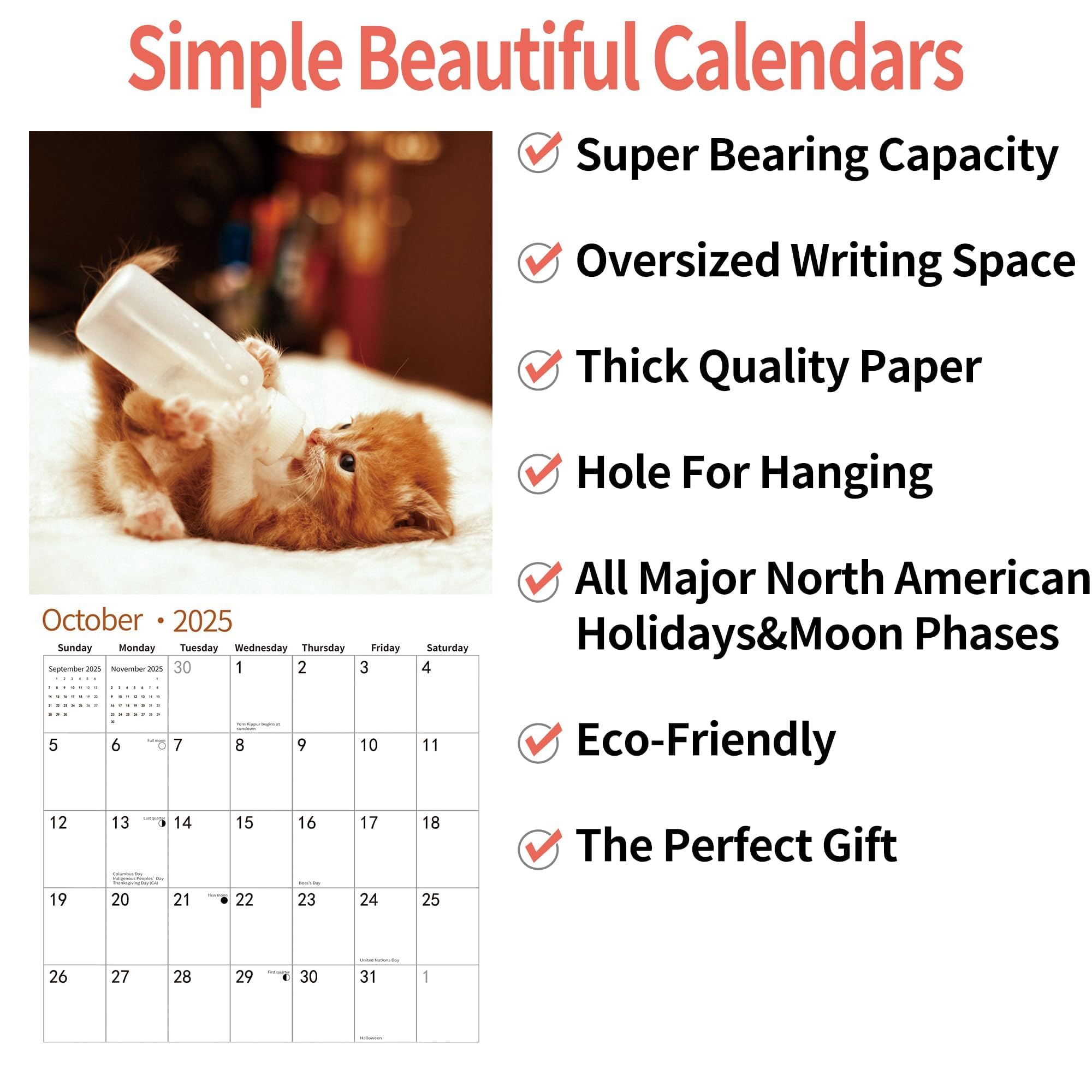 2025 Wall Calendar,Calendar 2025, January 2025 - December 2025, Wall Calendar Baby Kitten, 12" x 24" Opened,Full Page Months Thick & Sturdy Paper for Calendar Organizing & Planning