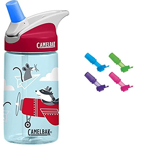 CamelBak Eddy Kids Water Bottle, Airplane Bandits.4 L & eddy Kids Bite Valves, 4-Pack