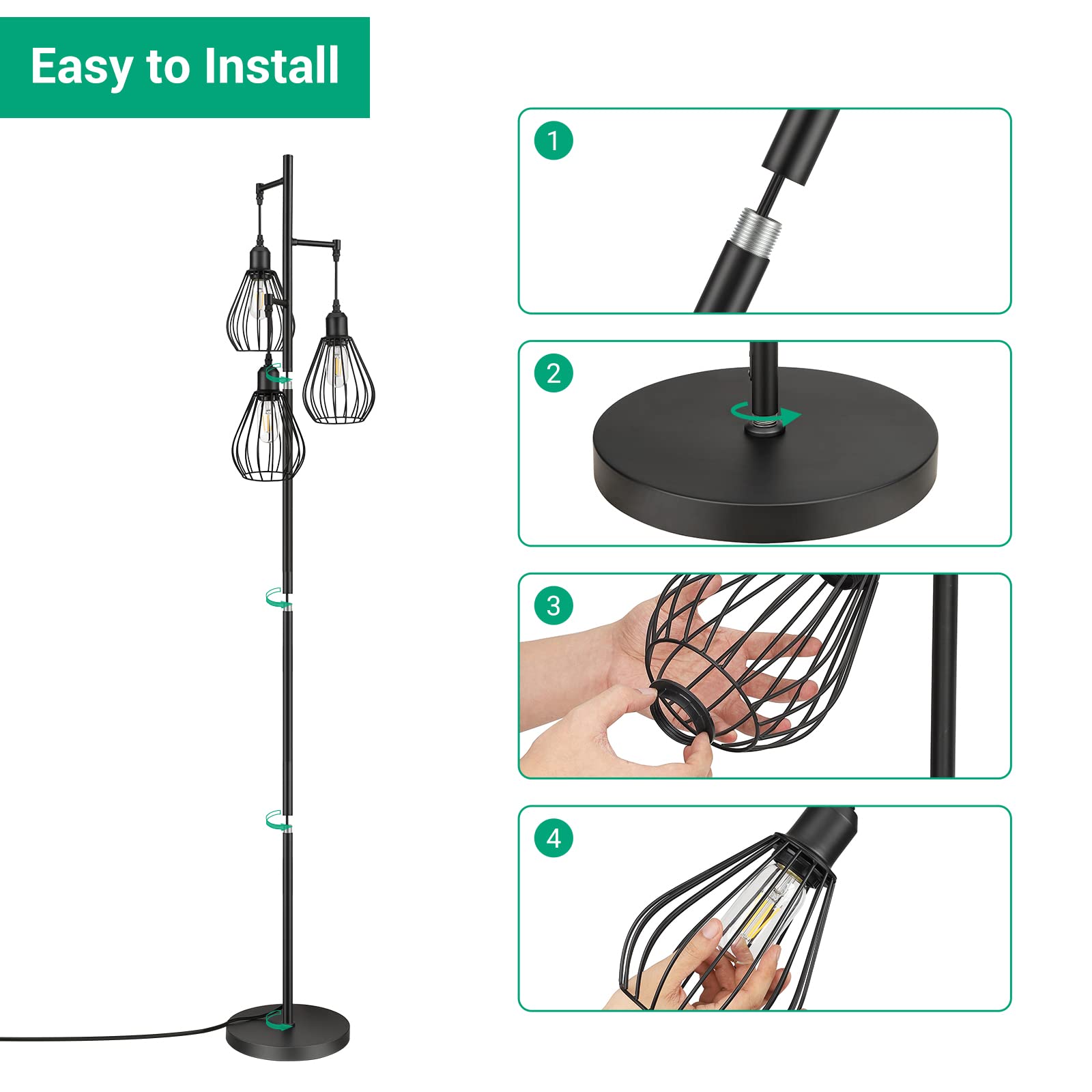 EDISHINE Industrial Floor Lamp, Tree Floor Lamp with 3 Elegant Teardrop Cage Head & 4W 3000K Edison Bulbs, Sturdy Base Standing Floor Lamp for Bedroom, Living Room, Office, E26 Base