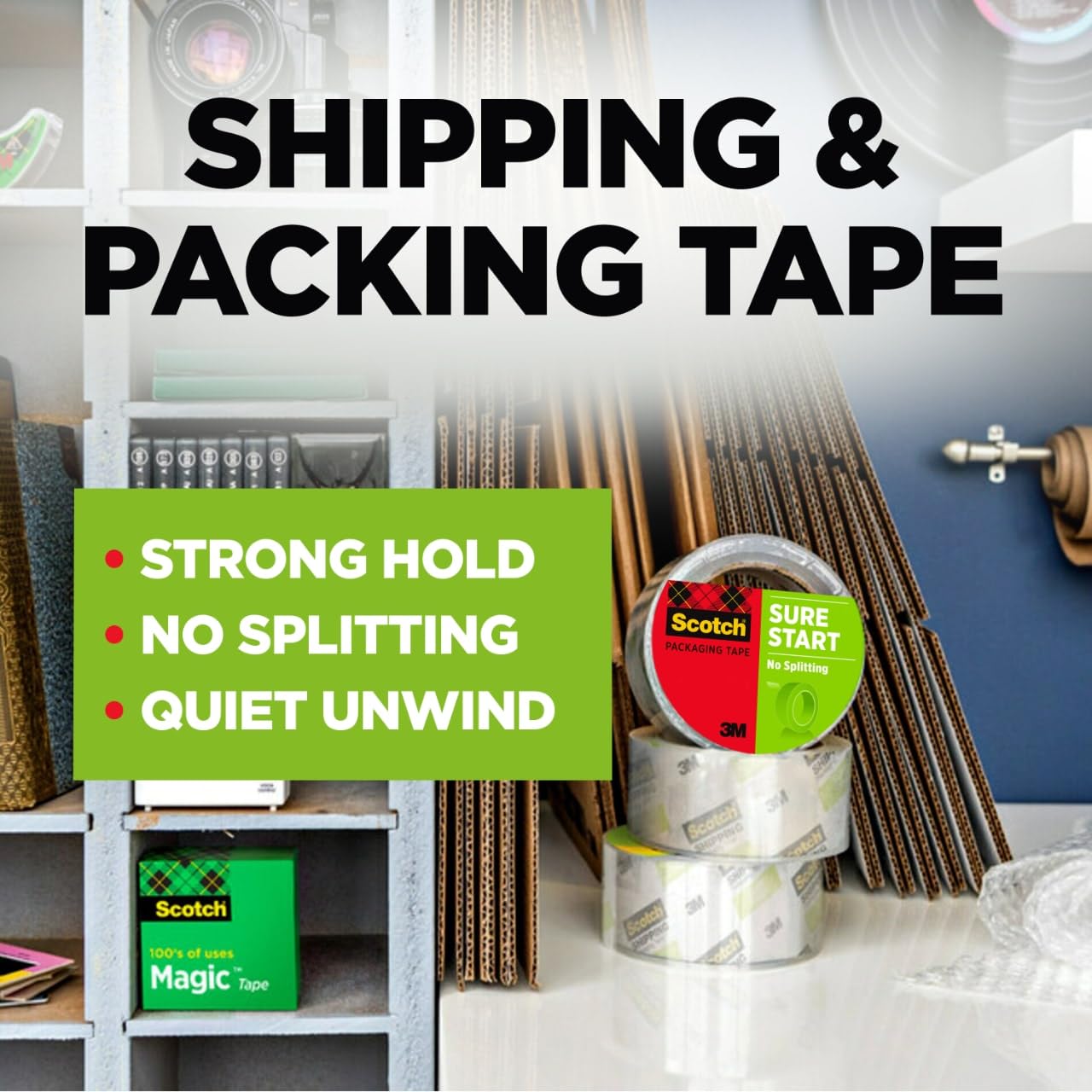 Scotch Sure Start Packaging Tape, 1.88" x 54.6 yd, Designed for Packing, Shipping and Mailing, Quiet Unwind, No Splitting or Tearing, 3" Core, Clear, 1 Roll (345)
