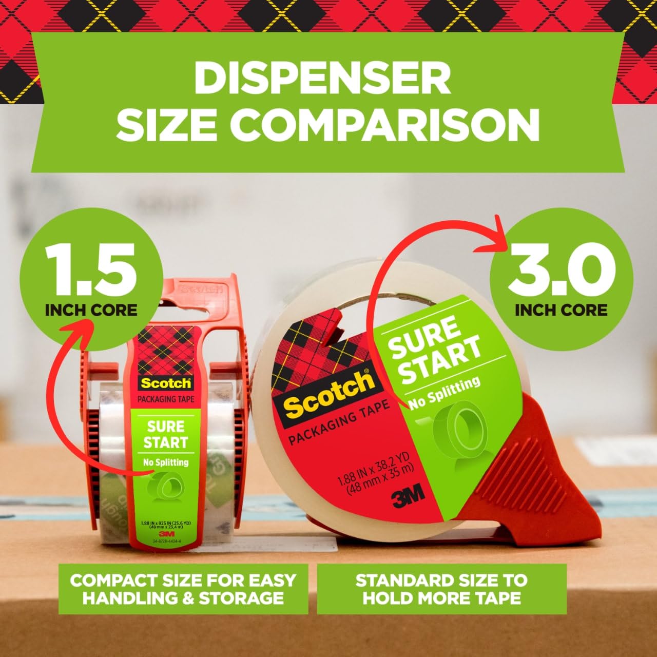 Scotch Sure Start Packaging Tape, 1.88" x 54.6 yd, Designed for Packing, Shipping and Mailing, Quiet Unwind, No Splitting or Tearing, 3" Core, Clear, 1 Roll (345)