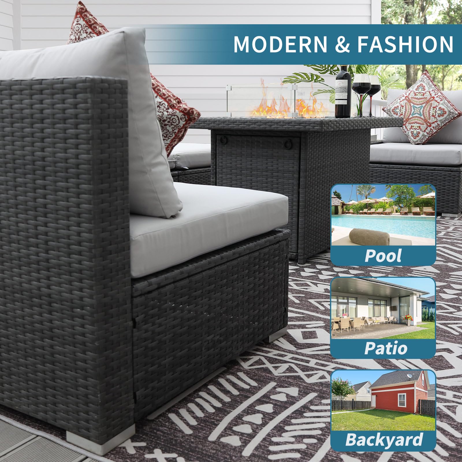 NICESOUL 10 Piece Modern Outdoor Patio Furniture Set with Firepit Natural Gas Propane Convertible, 29.3'' High Back Extra Large Size Wicker Conversation, Deep Wide Comfortable Couch for Outside, Grey