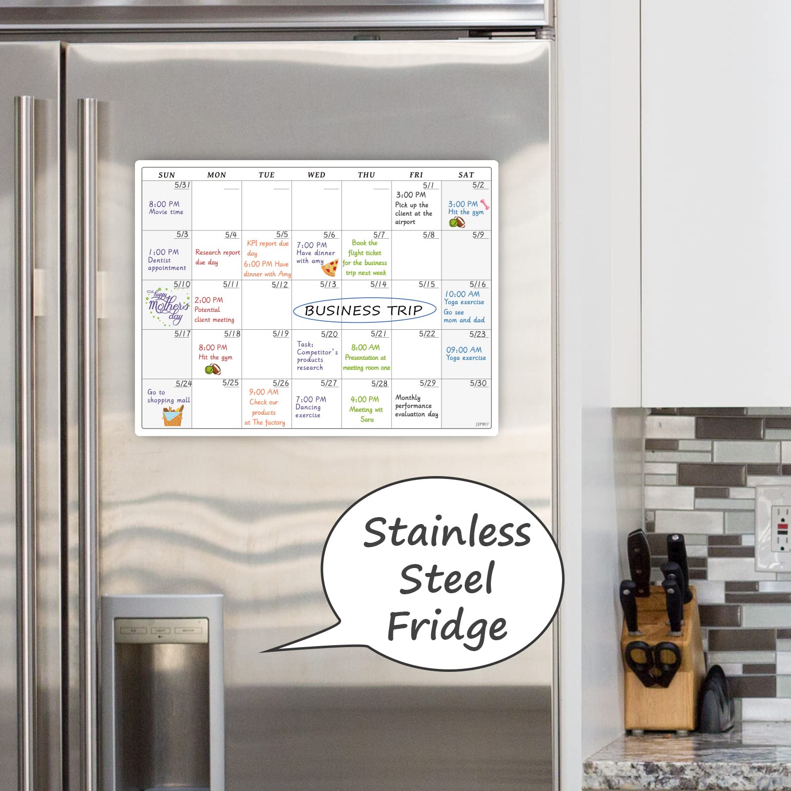 JJPRO Non-Magnetic Reusable Monthly Calendar Whiteboard Clings to All Smooth Surfaces. Monthly Planning Board for Refrigerator, Cabinet,Door&Stainless Fridge, 6 Markers Included!