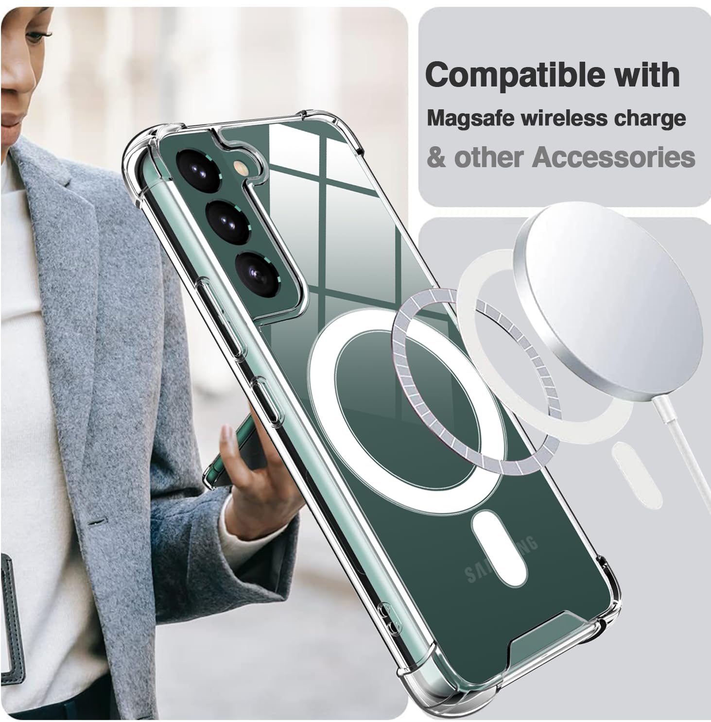 KIOMY Case for Samsung Galaxy S22+ 5G Shockproof Bumper Protective Cover with Airbags Corners Hybrid Design Hard PC Back with Flexible TPU Frame for S22 Plus Clear Magnetic for Magsafe Wireless Charge