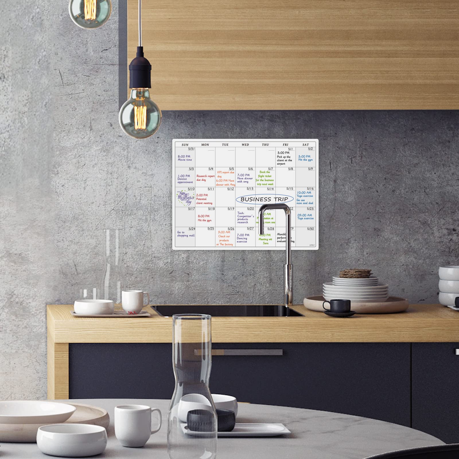 JJPRO Non-Magnetic Reusable Monthly Calendar Whiteboard Clings to All Smooth Surfaces. Monthly Planning Board for Refrigerator, Cabinet,Door&Stainless Fridge, 6 Markers Included!
