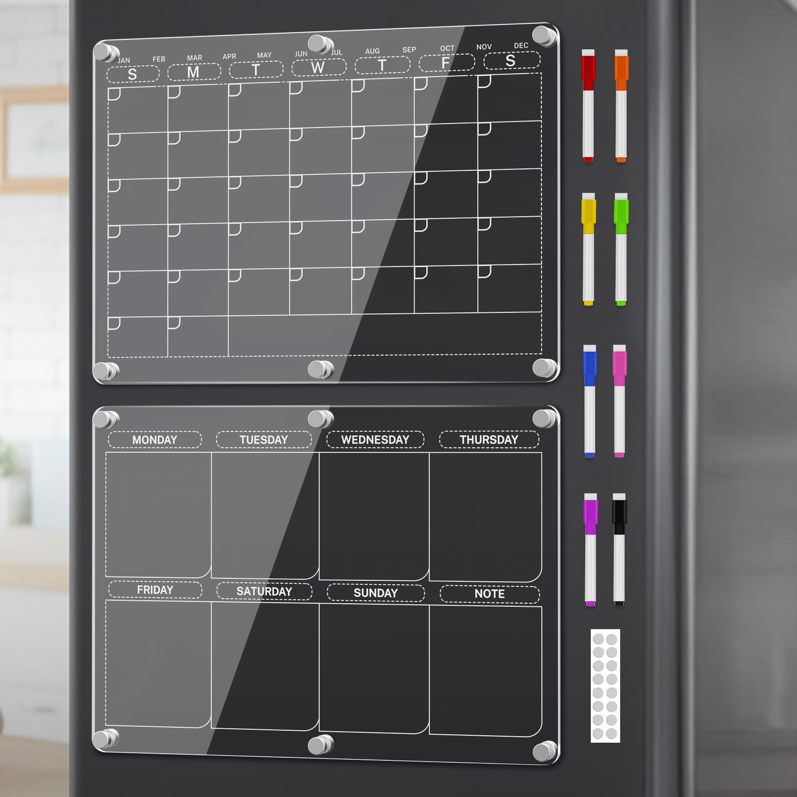 Acrylic Magnetic Calendar for Fridge, Clear Dry Erase Board Reusable Planning Set, Includes 8 Colorful Markers,Magnetic Pen Holder and Erase Towel (Monthly Planner+Weekly Planner)