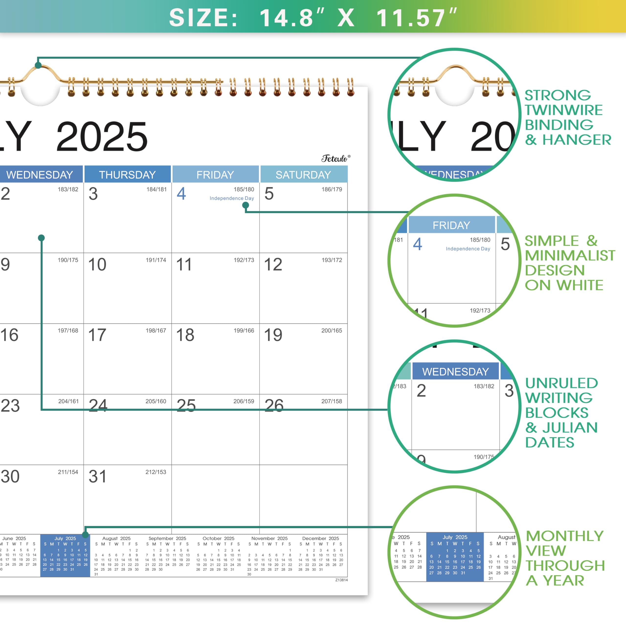 2025-2026 Wall Calendar - Jul 2025 - Dec 2026, 18 Monthly Hanging Calendar 2025-2026 Planner, 15" x 11.5", Spiral Binding, Yearly Overview, Holidays, Large Blocks, Perfect Organizer for Home & Office
