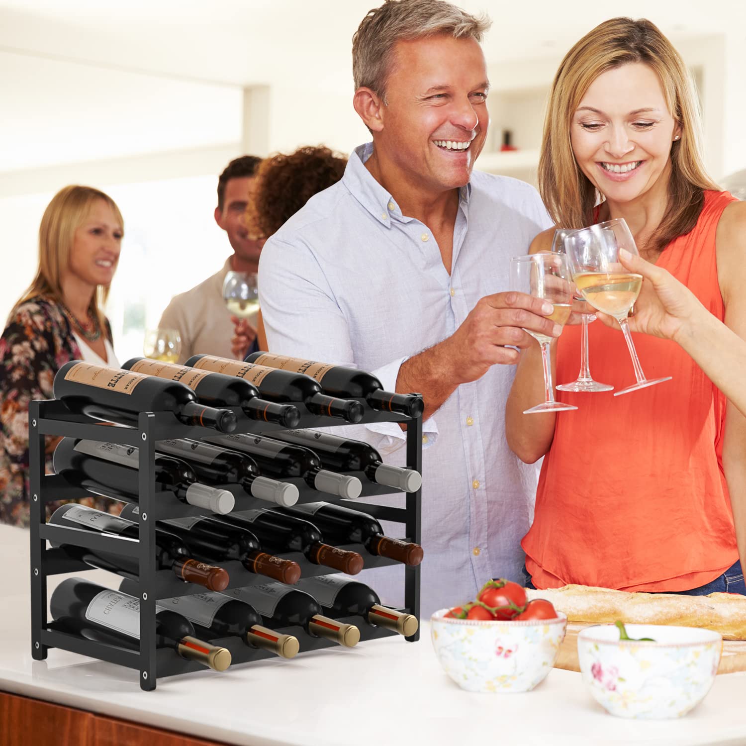 Ruichang Wine Rack Sturdy Wine Countertop,Bamboo Wine Bottle Holder Wine Storage Racks Counter Wine Stand Inserts for Cabinet Free Standing Floor Table Wine Organizer (4-Tier, 16 Bottle Capacity)