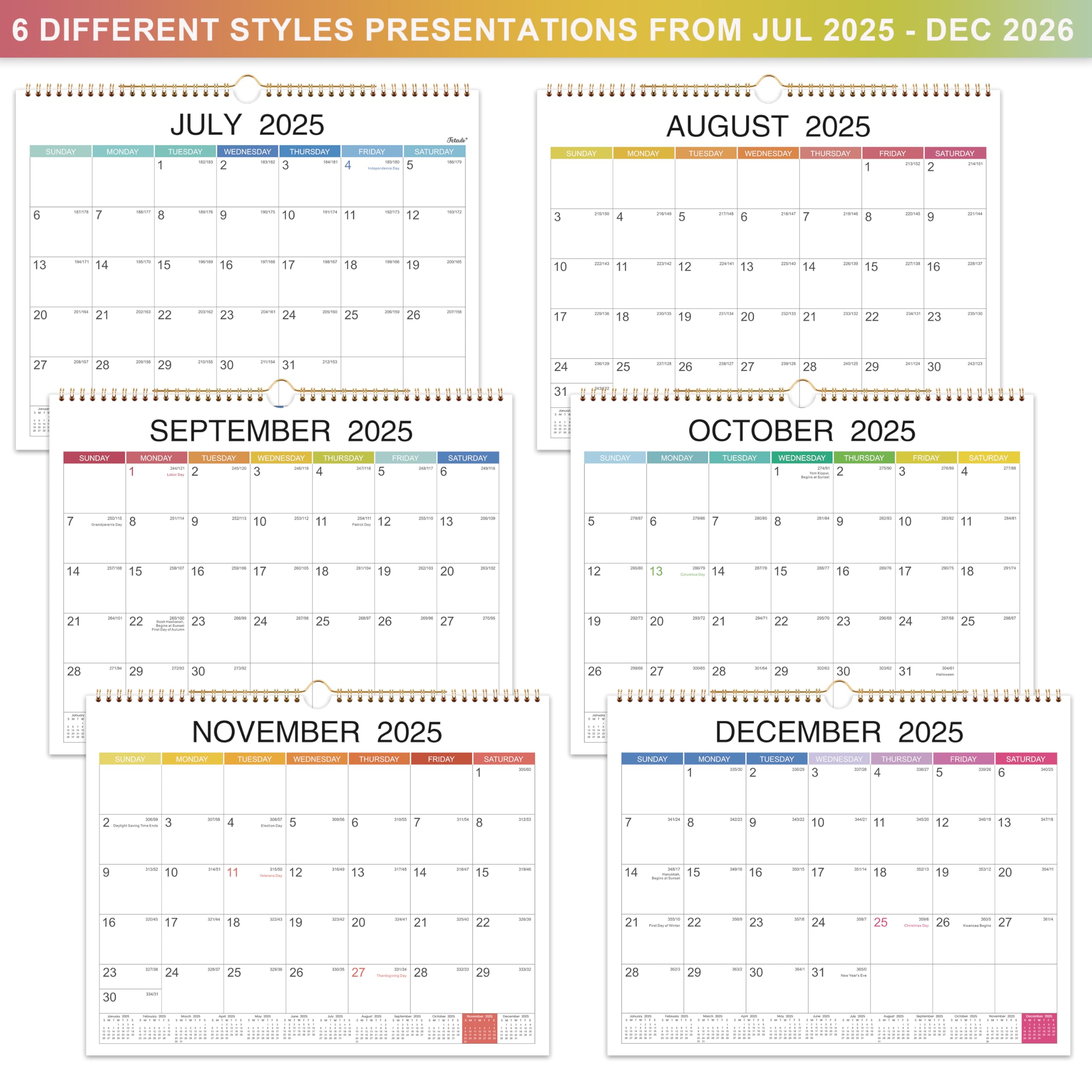 2025-2026 Wall Calendar - Jul 2025 - Dec 2026, 18 Monthly Hanging Calendar 2025-2026 Planner, 15" x 11.5", Spiral Binding, Yearly Overview, Holidays, Large Blocks, Perfect Organizer for Home & Office