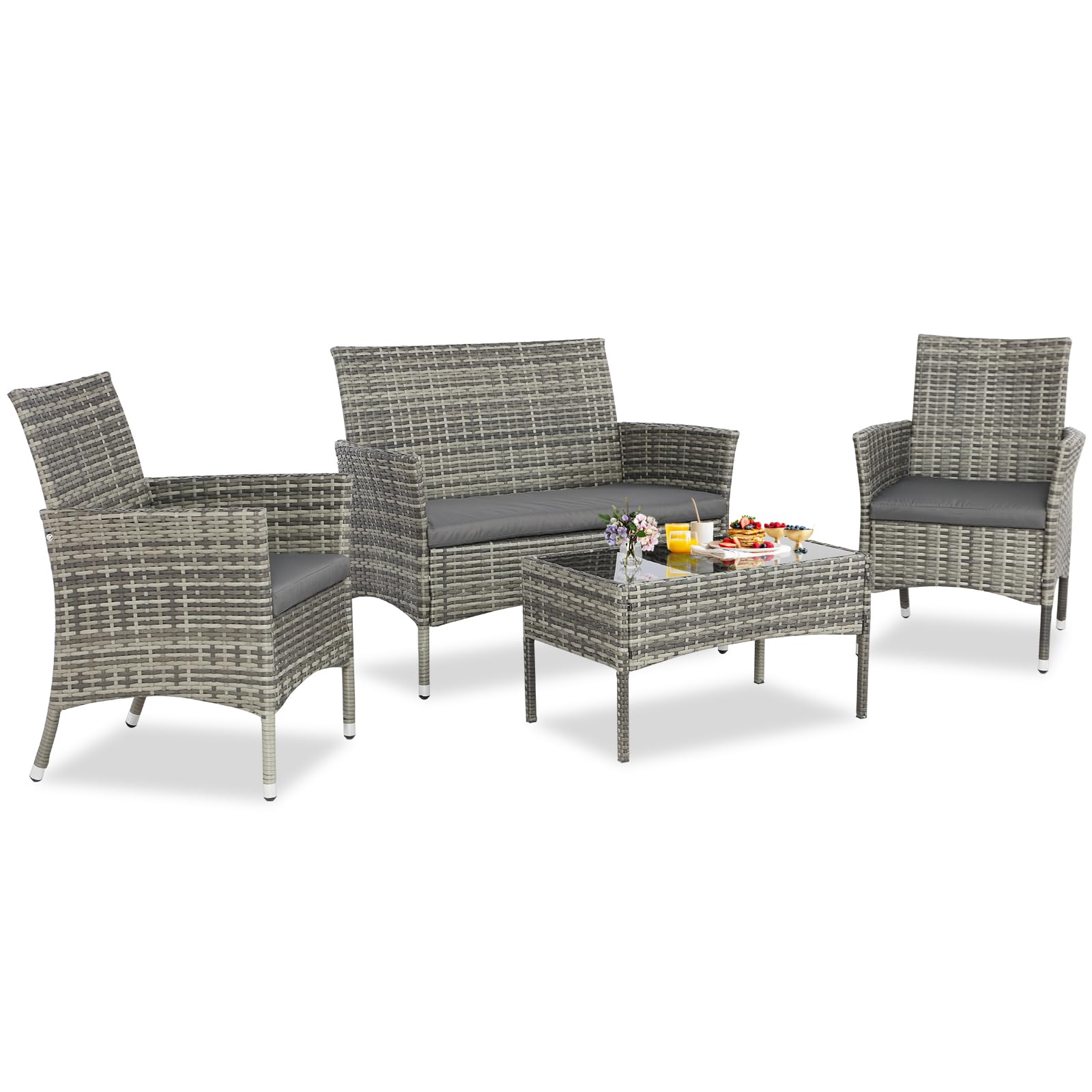 Furnivilla 4 Pieces Patio Furniture Sets Outdoor Furniture PE Wicker Patio Set Patio Conversation Set Balcony Furniture with Cushions and Table for Yard,Pool or Backyard(Grey-Grey)