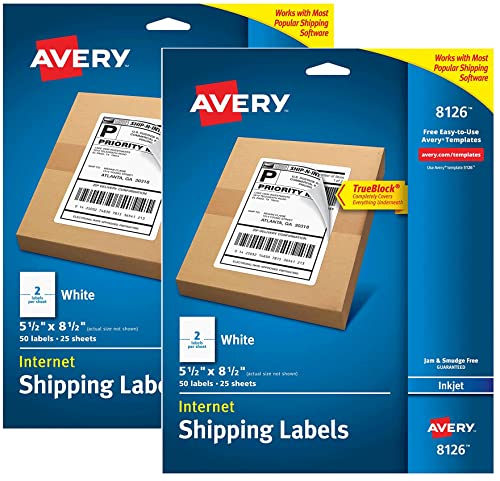 Avery Printable Shipping Labels, 5.5" x 8.5", White, 50 per Pack, 2 Packs, 100 Blank Mailing Labels (8126)