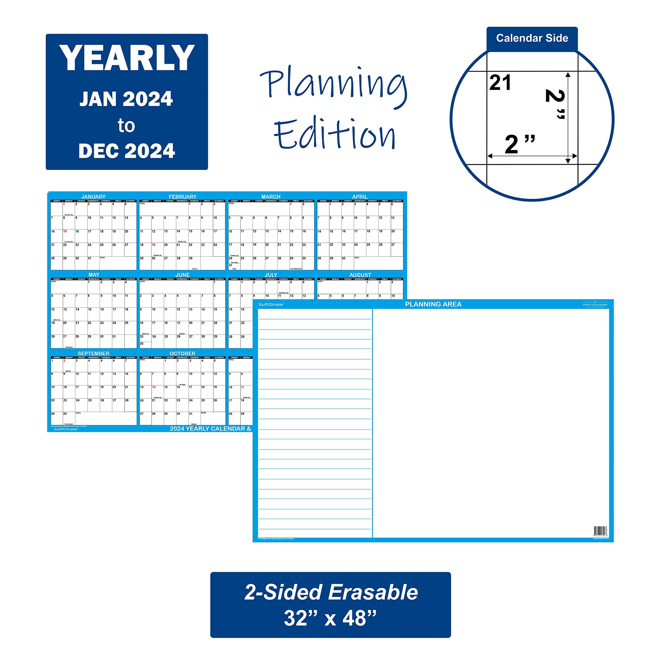 32" x 48" SwiftGlimpse 2024 Wall Calendar Erasable Large XL Wet & Dry Erase Laminated 12 Month Annual Yearly Wall Planner, Horizontal, Navy