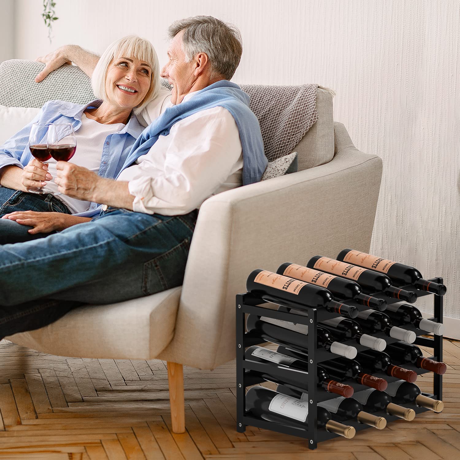 Ruichang Wine Rack Sturdy Wine Countertop,Bamboo Wine Bottle Holder Wine Storage Racks Counter Wine Stand Inserts for Cabinet Free Standing Floor Table Wine Organizer (4-Tier, 16 Bottle Capacity)
