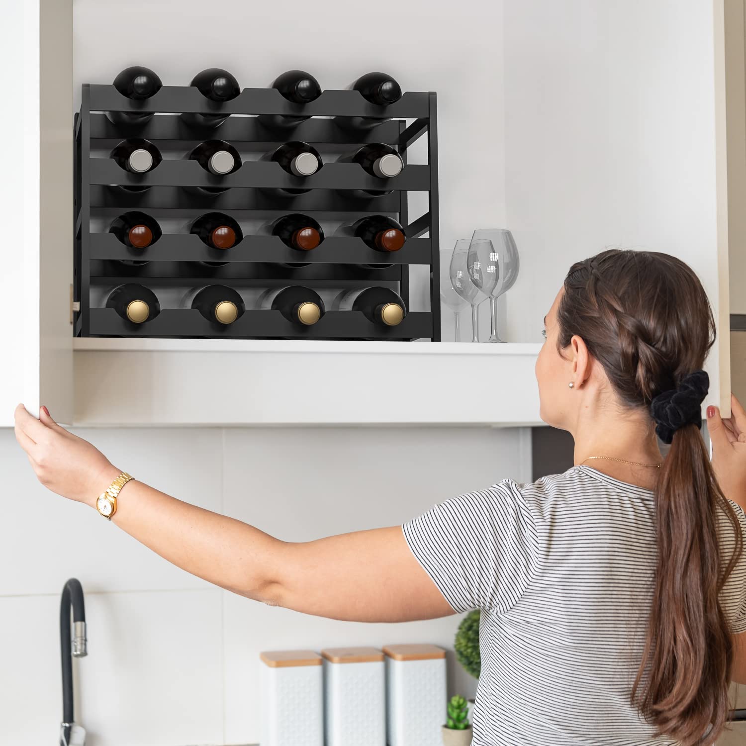 Ruichang Wine Rack Sturdy Wine Countertop,Bamboo Wine Bottle Holder Wine Storage Racks Counter Wine Stand Inserts for Cabinet Free Standing Floor Table Wine Organizer (4-Tier, 16 Bottle Capacity)