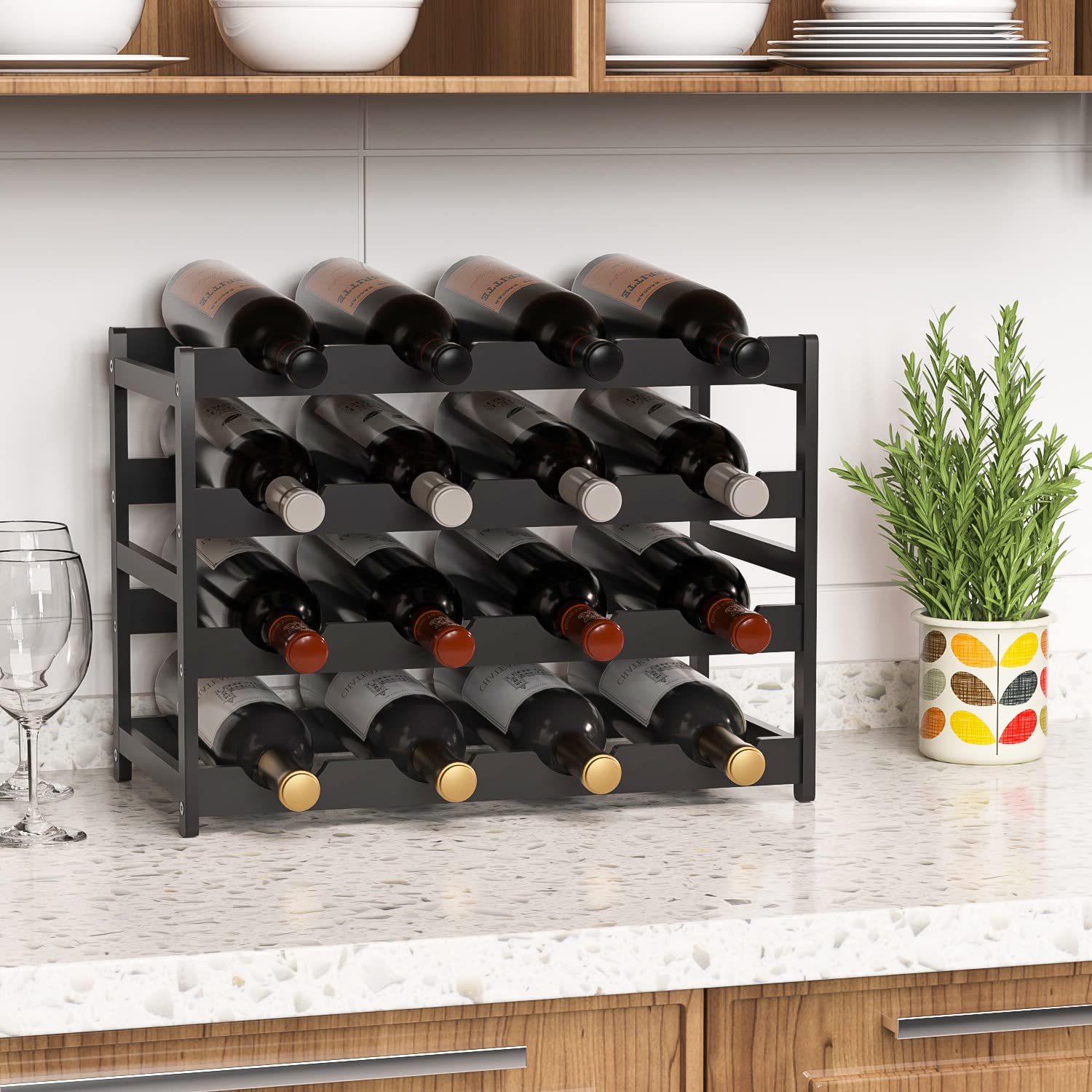 Ruichang Wine Rack Sturdy Wine Countertop,Bamboo Wine Bottle Holder Wine Storage Racks Counter Wine Stand Inserts for Cabinet Free Standing Floor Table Wine Organizer (4-Tier, 16 Bottle Capacity)
