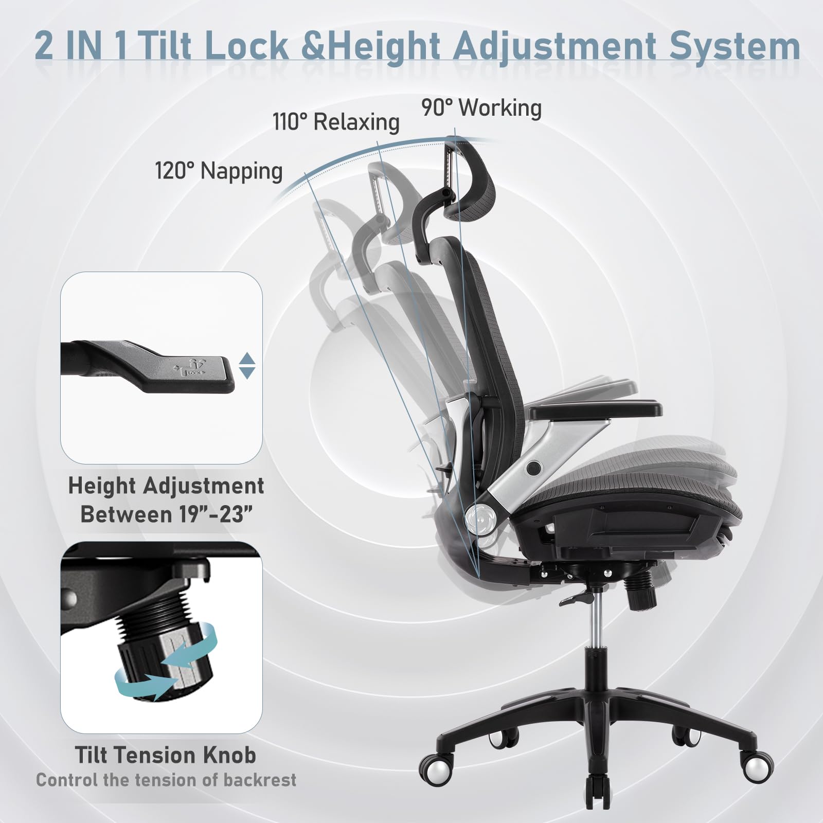 Ergonomic Mesh Office Chair with Footrest, High Back Computer Executive Desk Chair with Headrest and 4D Flip-up Armrests, Adjustable Tilt Lock and Lumbar Support-Grey