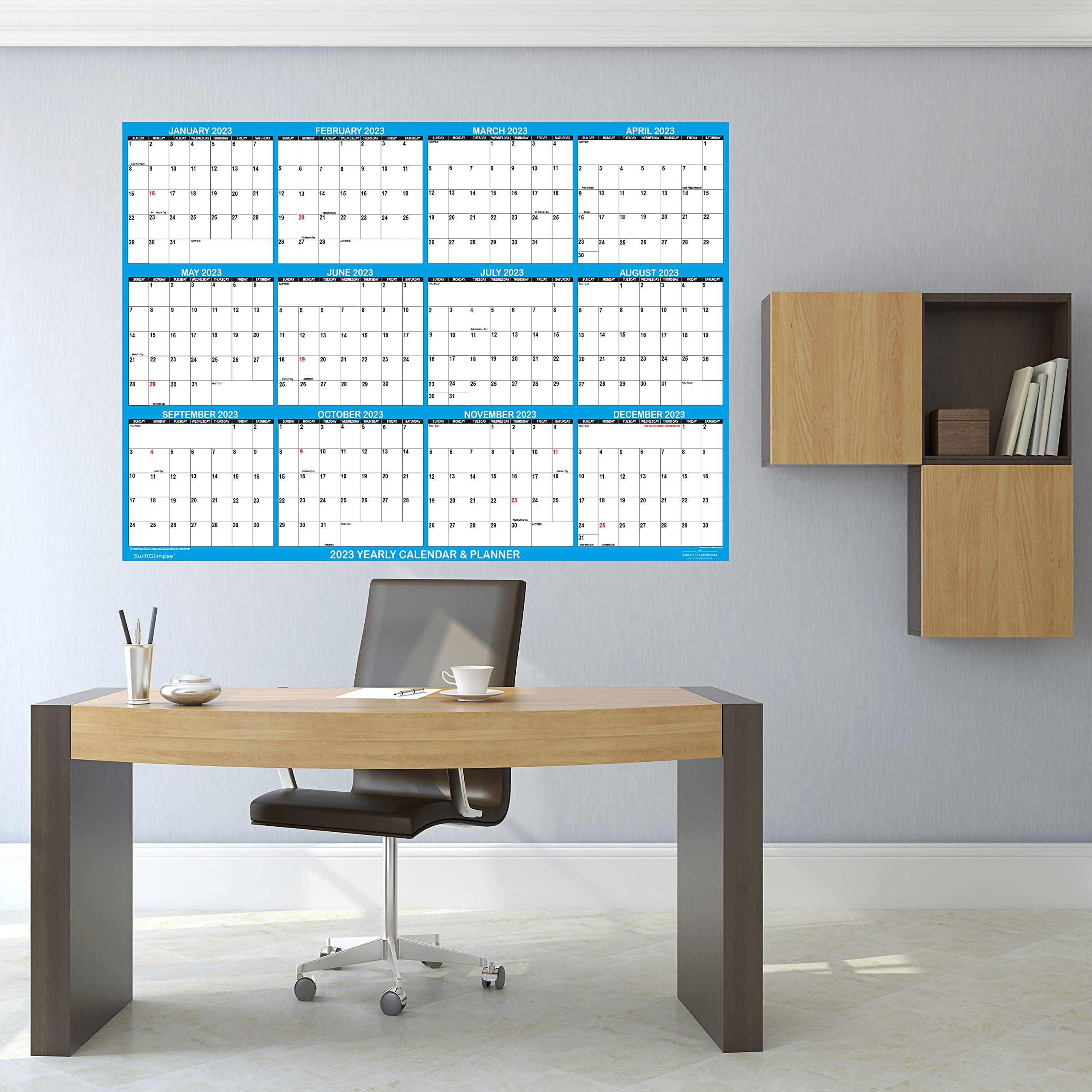 32" x 48" SwiftGlimpse 2024 Wall Calendar Erasable Large XL Wet & Dry Erase Laminated 12 Month Annual Yearly Wall Planner, Horizontal, Navy