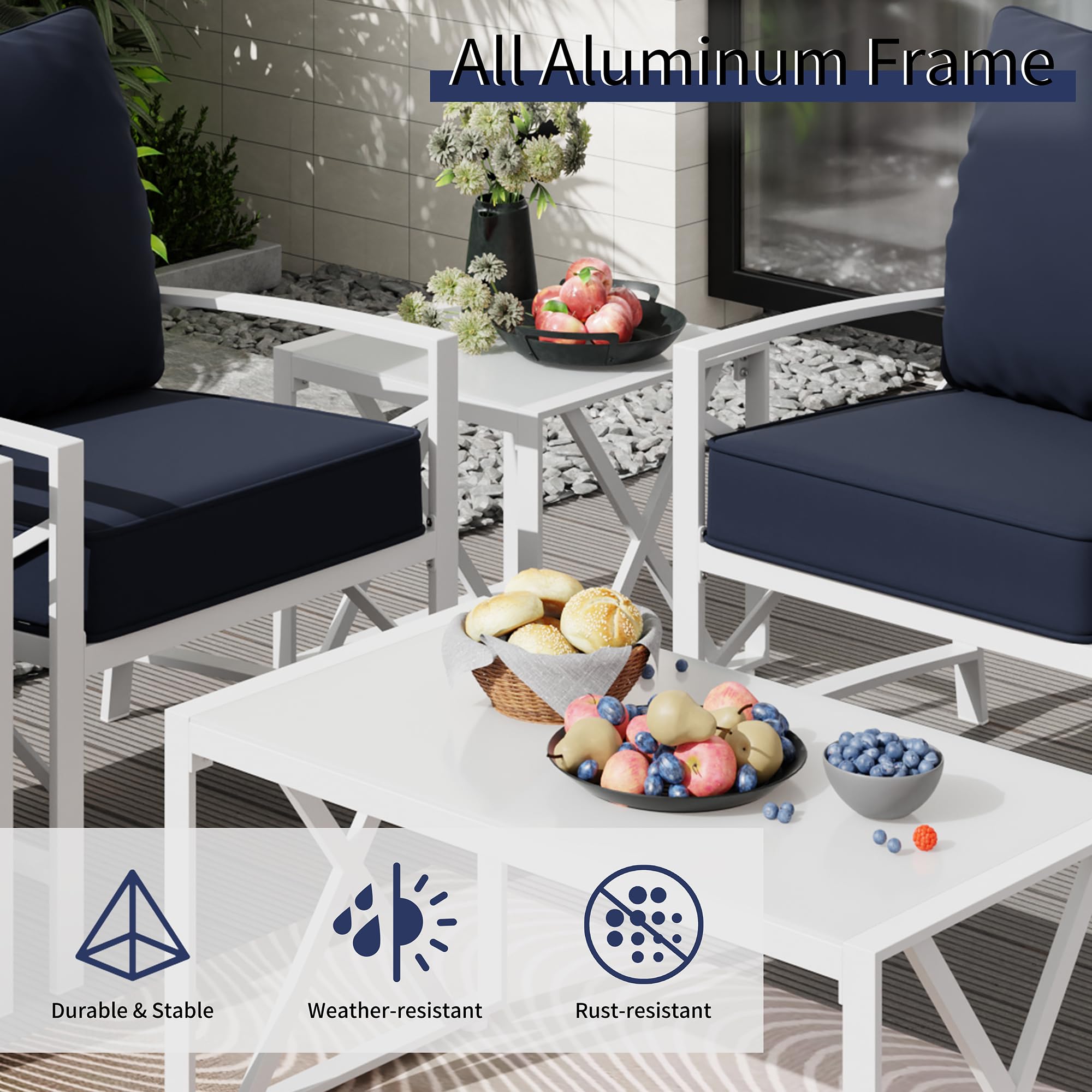 SUNLEI Patio Furniture 3-Piece Conversation Set, Small Outdoor Furniture with Deep Cushion Loveseat Sofa and Matching Side Coffee Table, Outside Metal Sofa Set for Balcony, Yard, White & Blue