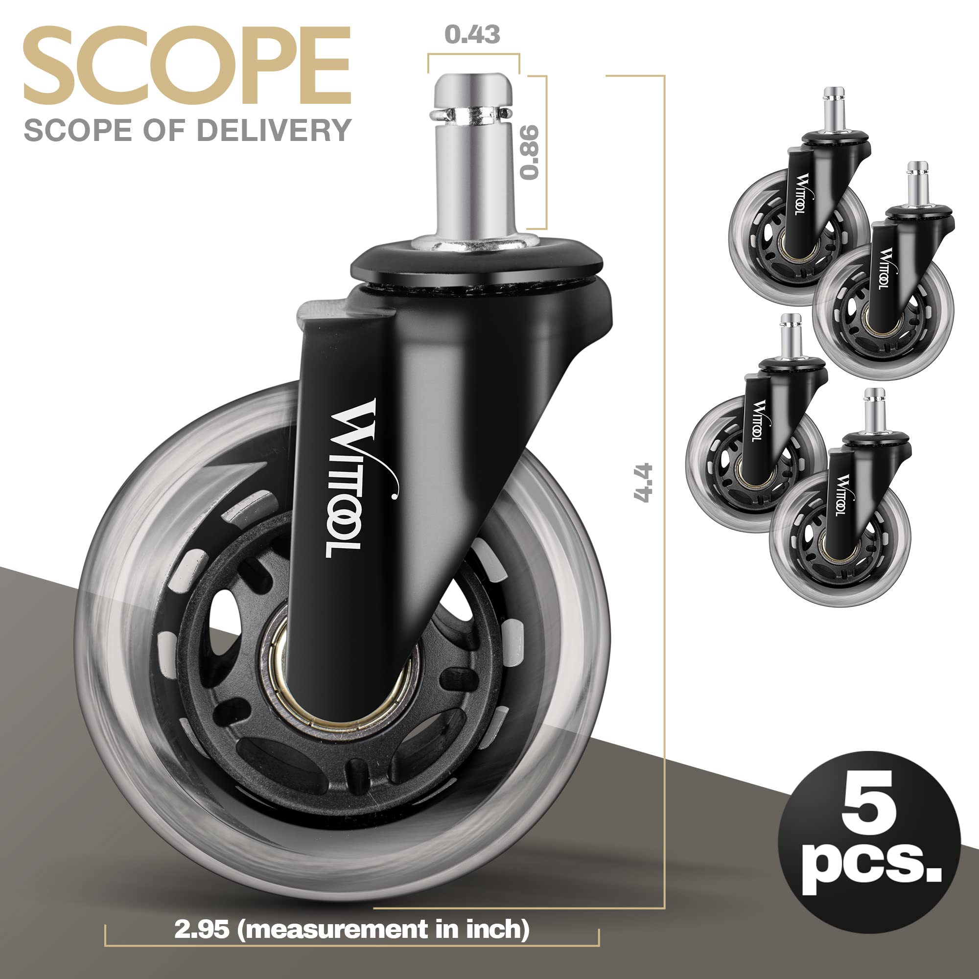 Wittool Office Chair Wheels - Set of 5 Smooth Gliding Caster Wheels - Heavy Duty Up to 291 Pounds - Office Chair Casters Replacement - Computer Chair Wheels - Universal Fit - for All Floors
