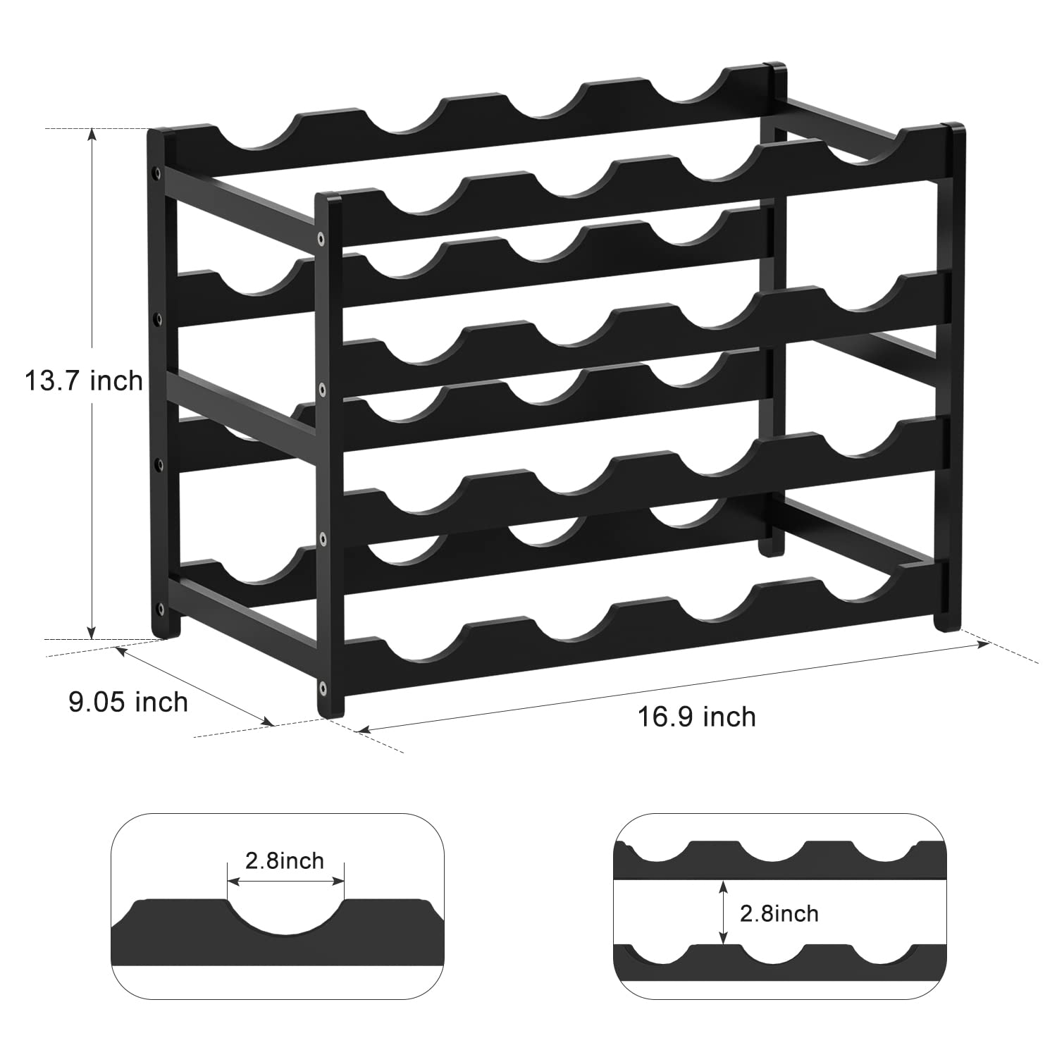 Ruichang Wine Rack Sturdy Wine Countertop,Bamboo Wine Bottle Holder Wine Storage Racks Counter Wine Stand Inserts for Cabinet Free Standing Floor Table Wine Organizer (4-Tier, 16 Bottle Capacity)